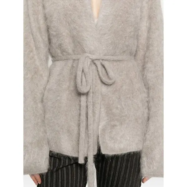 Soft Goat V-neck Long-sleeved Cardigan With Waist Tie