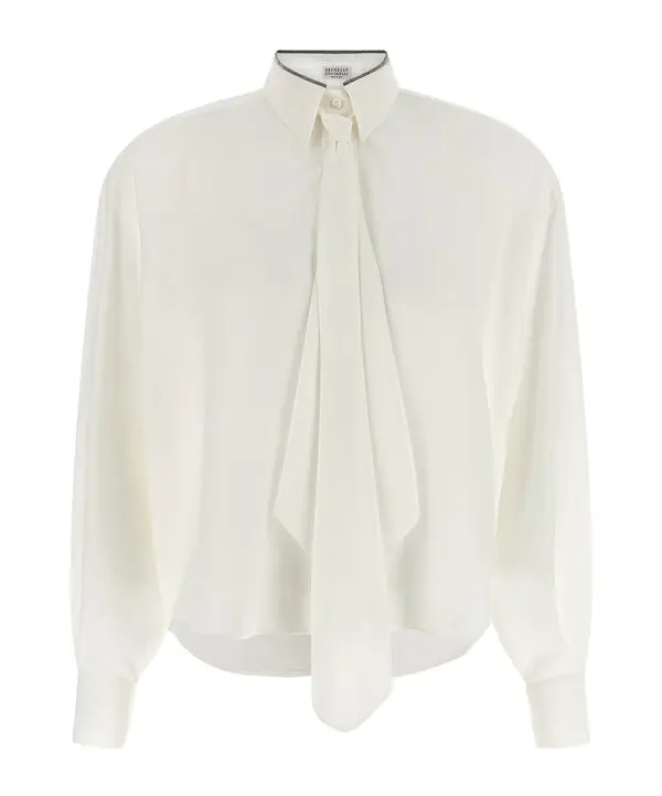 Brunello Cucinelli Long Sleeve Tie Detail Blouse - White