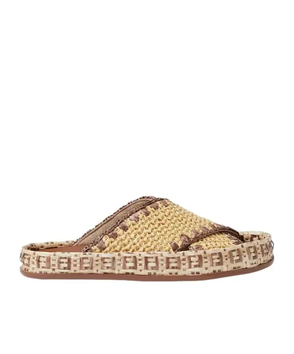 Fendi Beige Raffia-effect Material Slides - Nude