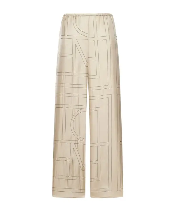 TOTEME Monogram-print Silk Wide-leg Trousers - Ivory