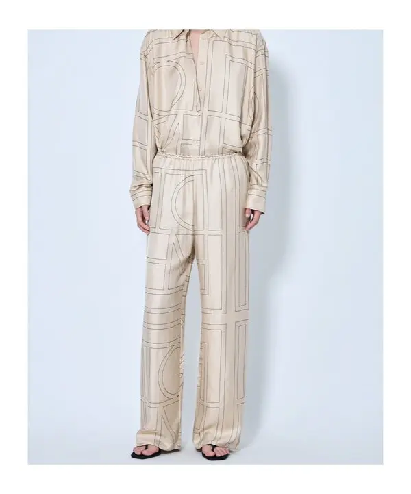 TOTEME Monogram-print Silk Wide-leg Trousers - Ivory