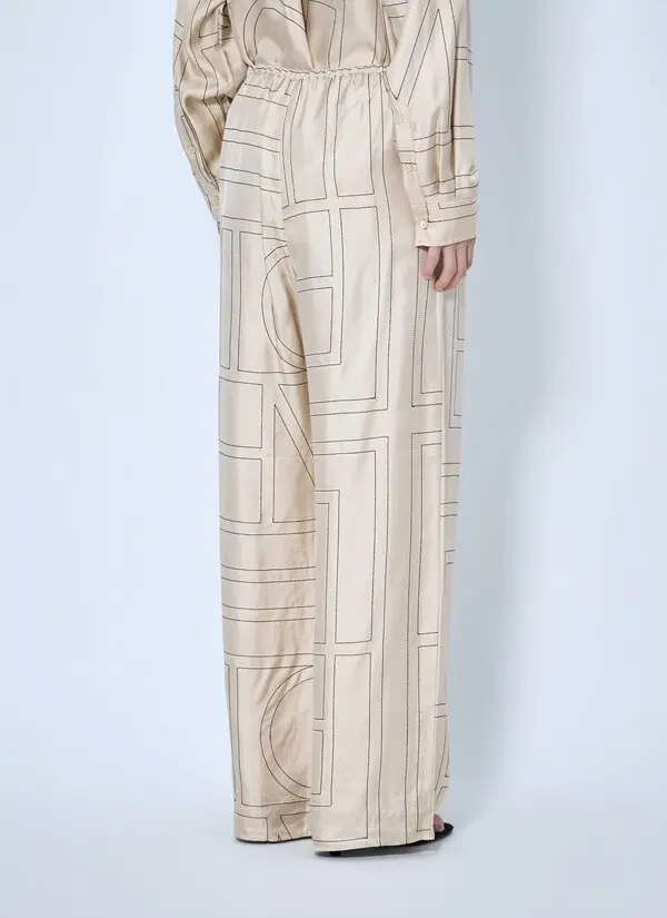 TOTEME Monogram-print Silk Wide-leg Trousers - Ivory