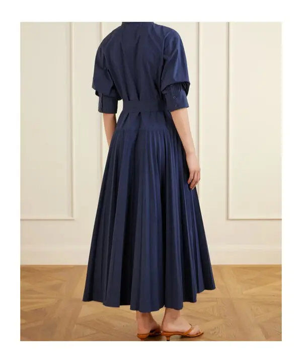 Simkhai Arlo Belted Pleated Cotton-blend Midi Dress - Navy