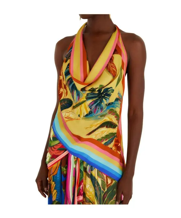 Farm Rio Sleeveless Tropical Print Top With Rainbow Stripes And Open Back - Multi-color