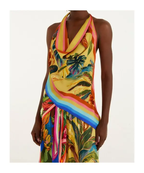 Farm Rio Sleeveless Tropical Print Top With Rainbow Stripes And Open Back