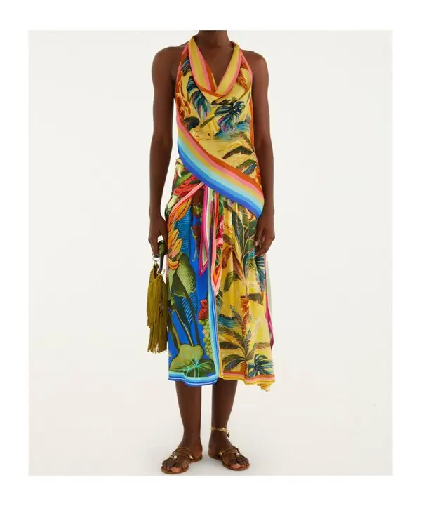 Farm Rio Sleeveless Tropical Print Top With Rainbow Stripes And Open Back