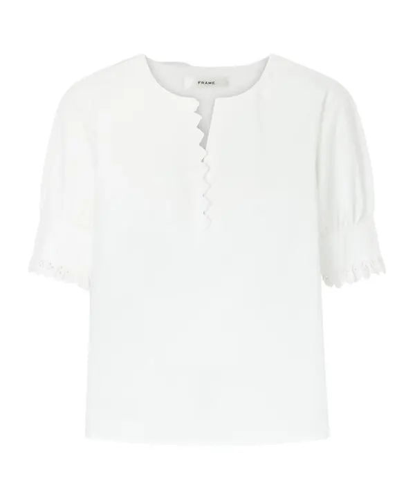 FRAME Scallop Trim V-neck Top - White