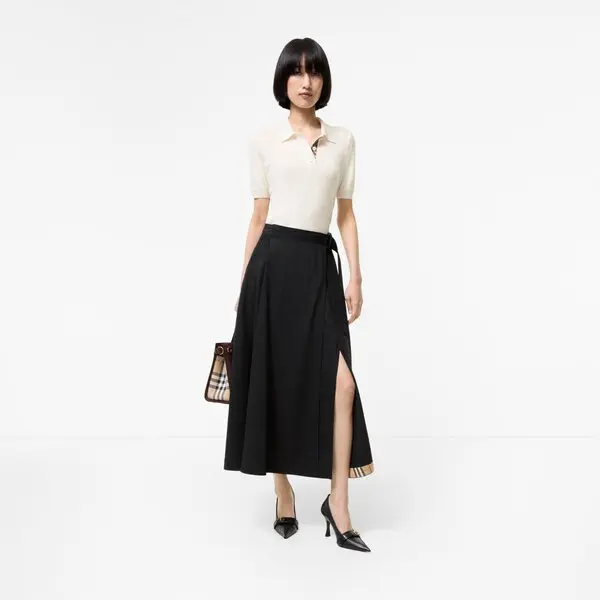 Burberry Wool Twill Midi Skirt With Buckle Belt - Black