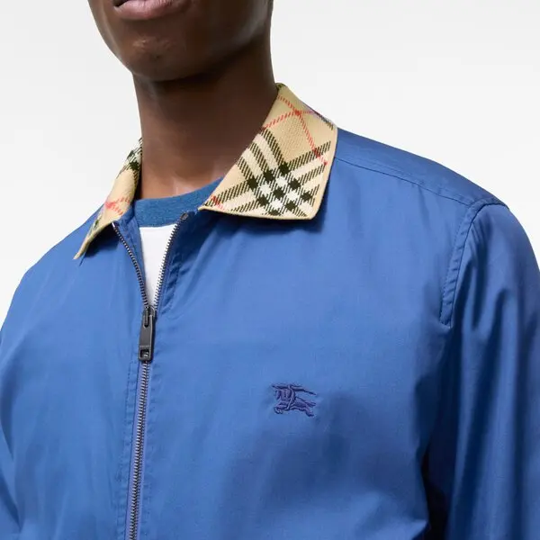 Burberry Gabardine Glenfields Harrington Jacket With House Check Collar - Maritime Blue