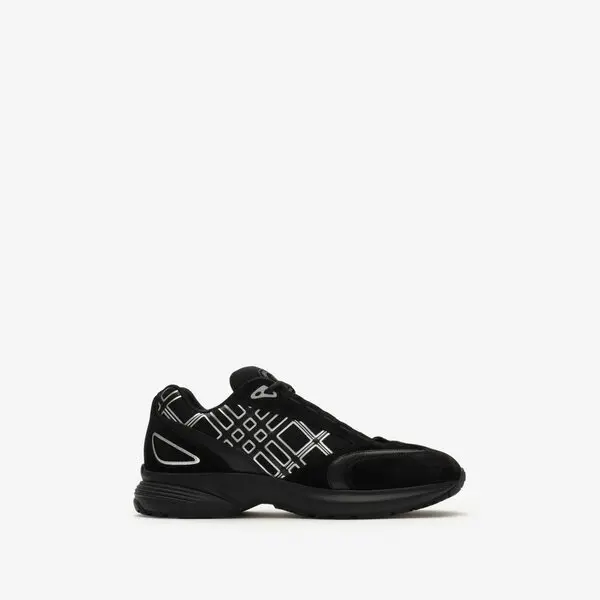Burberry Eclipse Sneakers In Nylon, Suede, And Leather With Metallic Check Detailing - Black