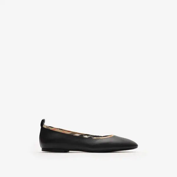 Burberry Check Trim Leather Ballerinas - Black