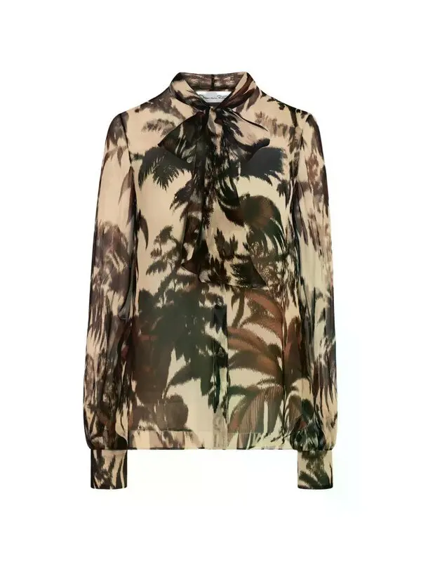 Oscar De La Renta Chiné Palm Leaves Silk Chiffon Blouse - Neutrals