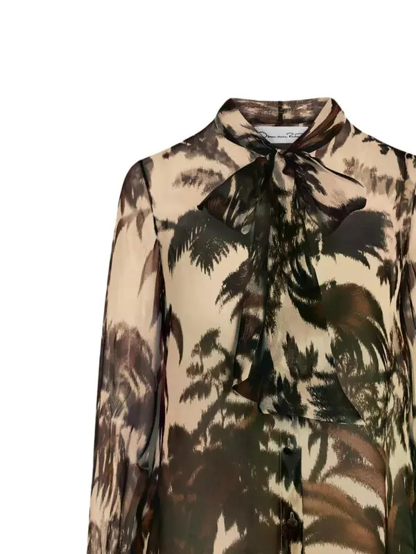 Oscar De La Renta Chiné Palm Leaves Silk Chiffon Blouse