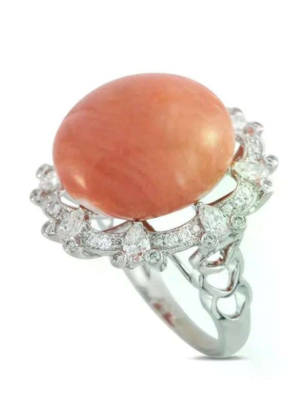 LB EXCLUSIVE Coral And Diamond Ring In 18k White Gold - Silver