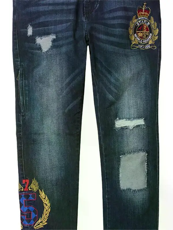 STAPLE Distressed Crest-embroidered Jeans