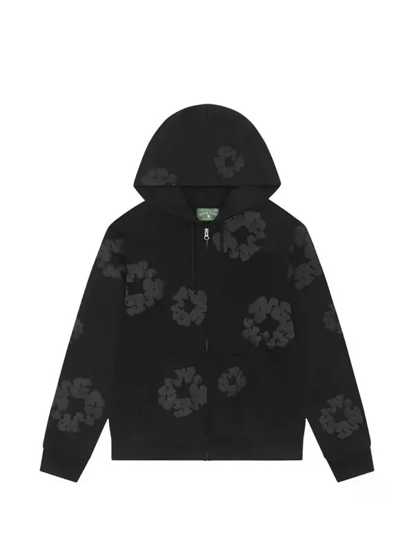 DENIM TEARS Wreath Zip-up Hooded Cardigan - Black