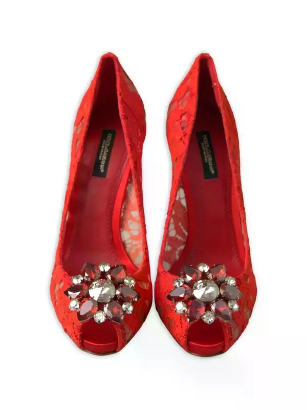 Dolce & Gabbana Taormina Lace Crystal-embellished Peep-toe Pumps - Red
