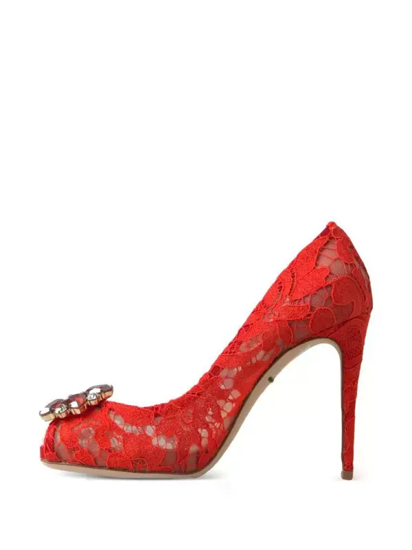 Dolce & Gabbana Taormina Lace Crystal-embellished Peep-toe Pumps - Red