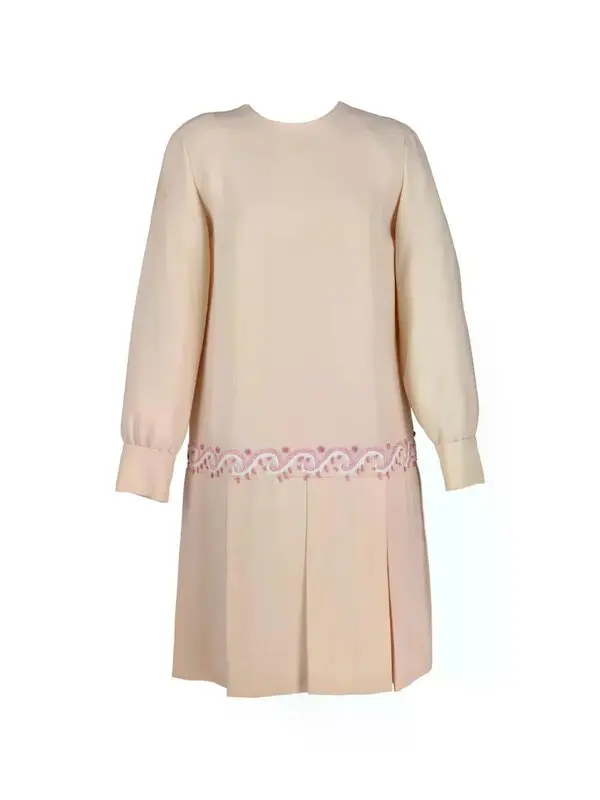 Vintage Embroidered Detail Pleated Wool Midi Dress - Neutrals