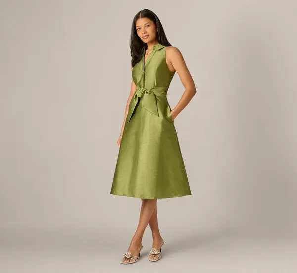 Adrianna Papell Sleeveless Collared Tie Front A-line Midi Dress - Olive