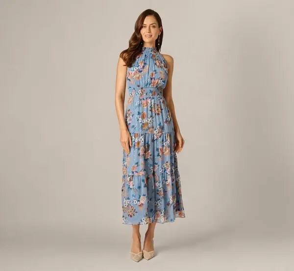 Adrianna Papell Floral Meta Chiffon Tiered Halter Midi Dress - Blue Multi