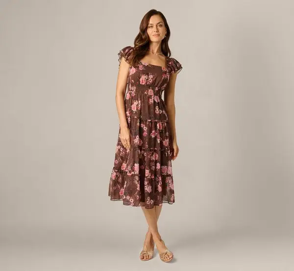 Adrianna Papell Flutter Sleeve Floral Metallic Chiffon Midi Dress - Brown Multi