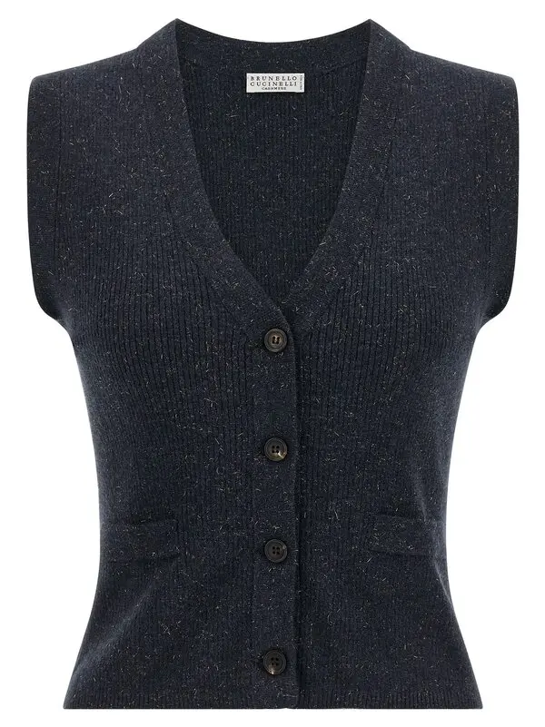 Brunello Cucinelli Ribbed Cashmere Knit Vest With Lamé Thread - Blue
