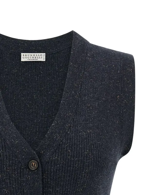Brunello Cucinelli Ribbed Cashmere Knit Vest With Lamé Thread - Blue
