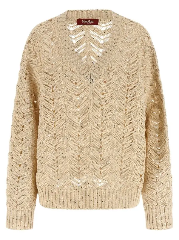 Max Mara Mstfelino Chevron Sequin Embellished Cotton Sweater - Cream