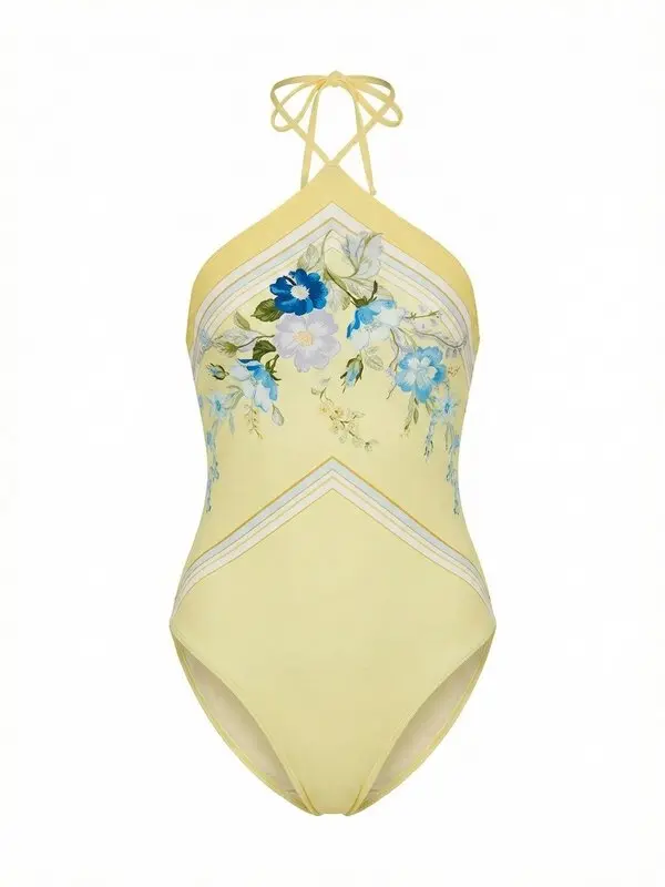 SELF-PORTRAIT Floral Print Halterneck One-piece Swimsuit - Multicolor