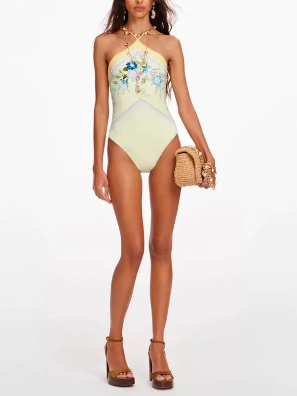 SELF-PORTRAIT Floral Print Halterneck One-piece Swimsuit