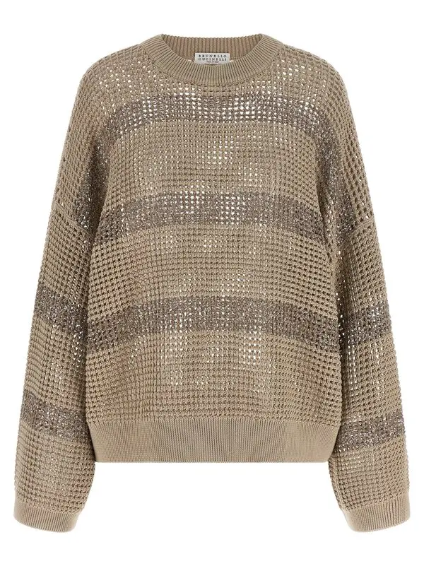 Brunello Cucinelli Cotton Mesh Sweater With Micro Sequin Inserts - Gray
