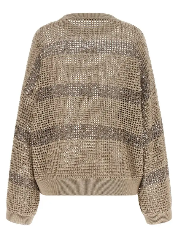Brunello Cucinelli Cotton Mesh Sweater With Micro Sequin Inserts - Gray