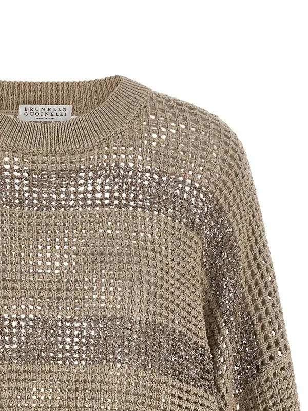 Brunello Cucinelli Cotton Mesh Sweater With Micro Sequin Inserts - Gray