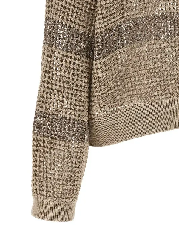 Brunello Cucinelli Cotton Mesh Sweater With Micro Sequin Inserts - Gray