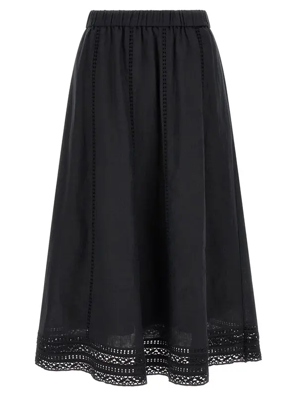Max Mara Linen Canvas Midi Skirt With Embroidered Trimmings