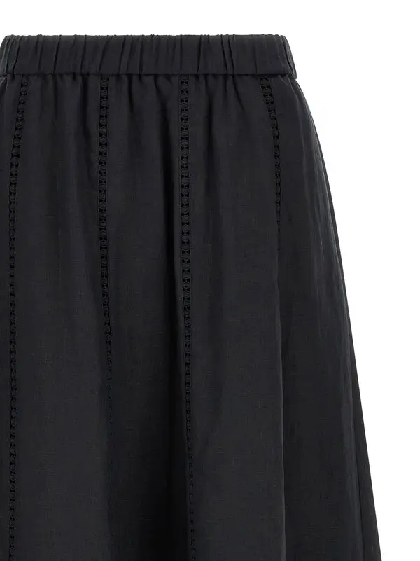 Max Mara Linen Canvas Midi Skirt With Embroidered Trimmings