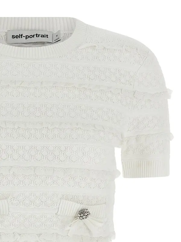 SELF-PORTRAIT Pointelle Knit Cropped Top With Jewel Buttons