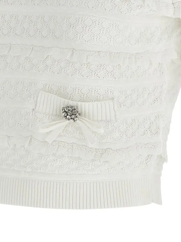 SELF-PORTRAIT Pointelle Knit Cropped Top With Jewel Buttons