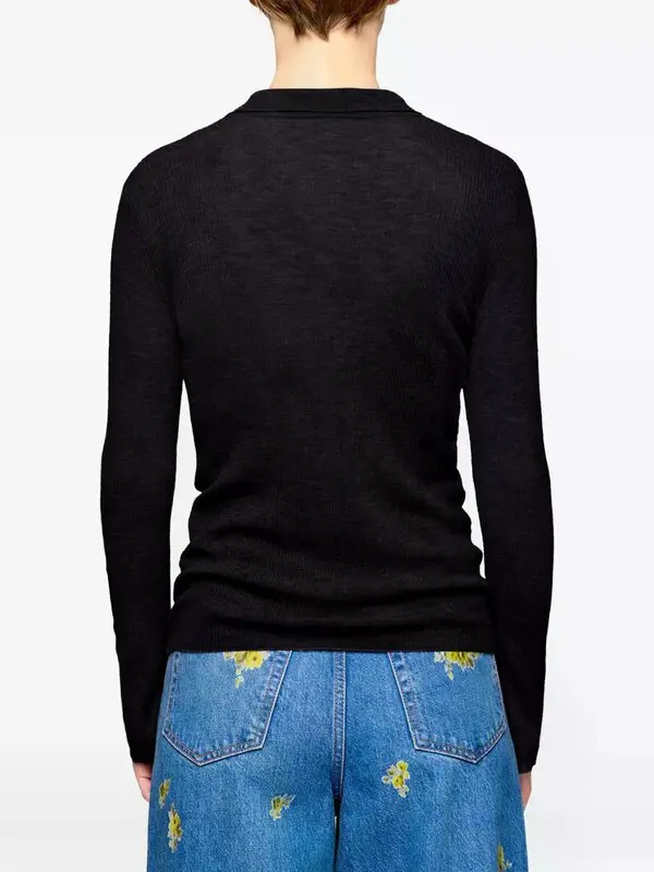 GANNI Wool Ribbed Knit Long Sleeve Polo Top - Black