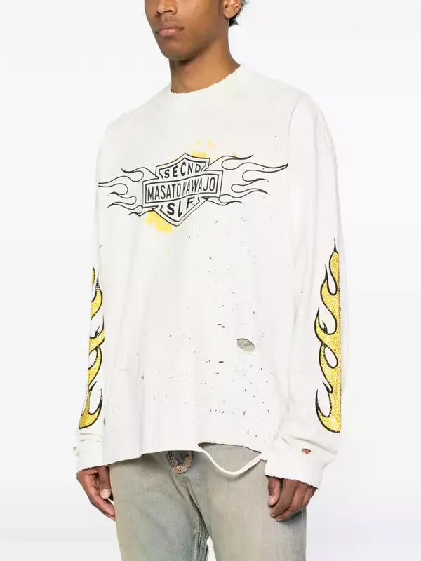 SECND SLF Crystal Embellished Distressed Sweater