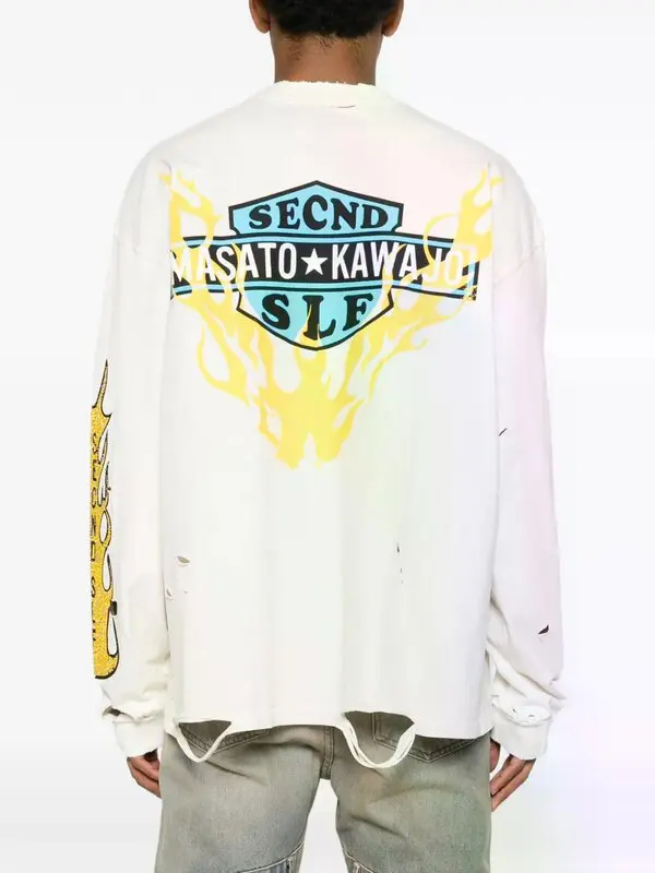SECND SLF Crystal Embellished Distressed Sweater