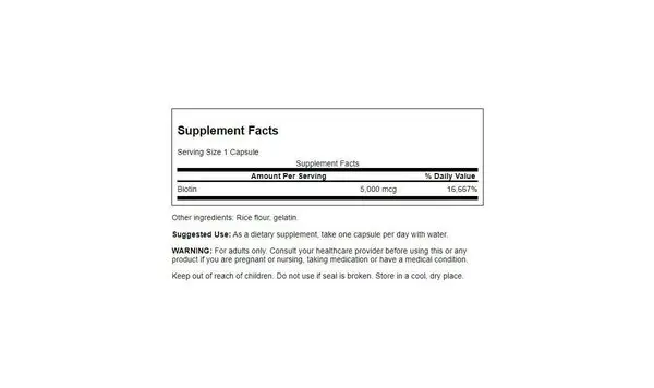 SWANSON Biotin B7 Vitamin 5000 Mcg 30 Capsules