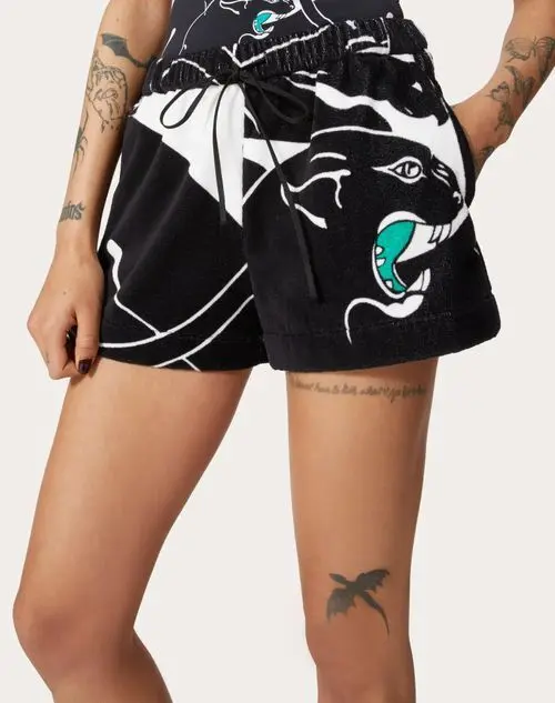 Valentino Garavani Panther Print Cotton Terry Cloth Shorts