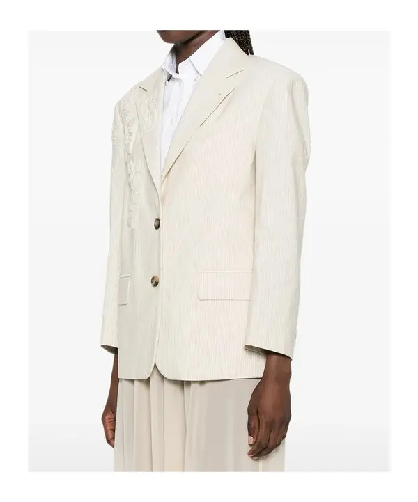 Dries Van Noten Single-breasted Pinstriped Suit Jacket With Floral Embroidery