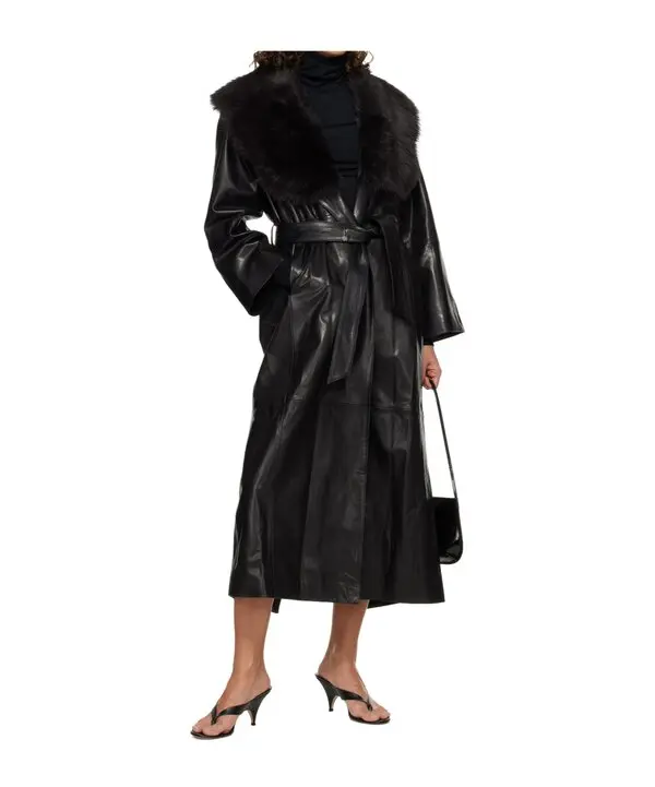 Nour Hammour Leather Coat With Detachable Fur Trim