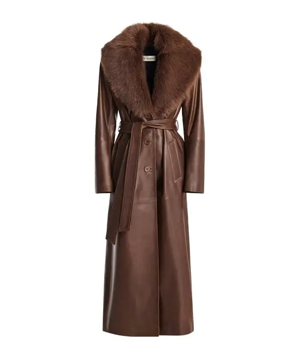 Nour Hammour Long Sleeved Leather Coat With Detachable Fur Trim - Green