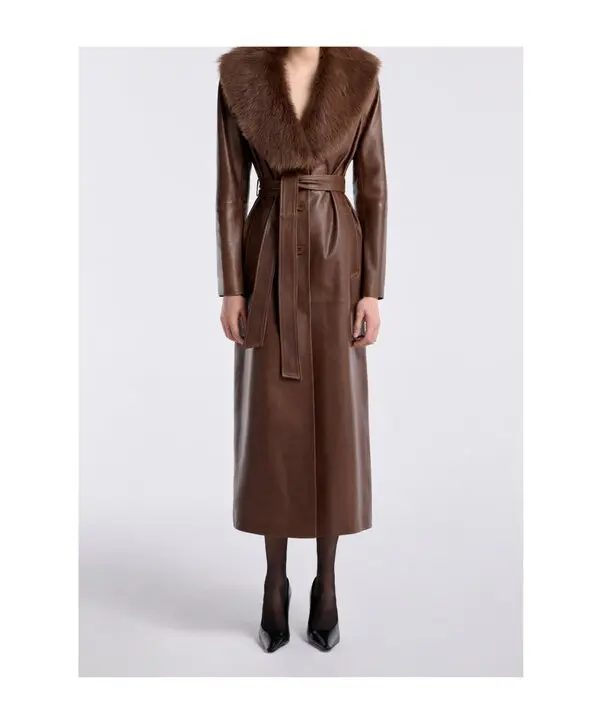 Nour Hammour Long Sleeved Leather Coat With Detachable Fur Trim - Green