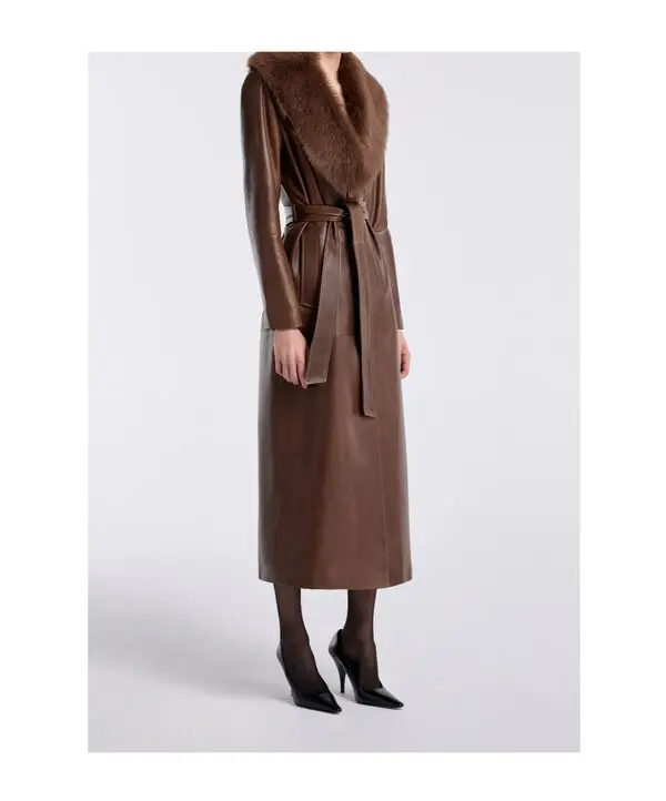 Nour Hammour Long Sleeved Leather Coat With Detachable Fur Trim - Green
