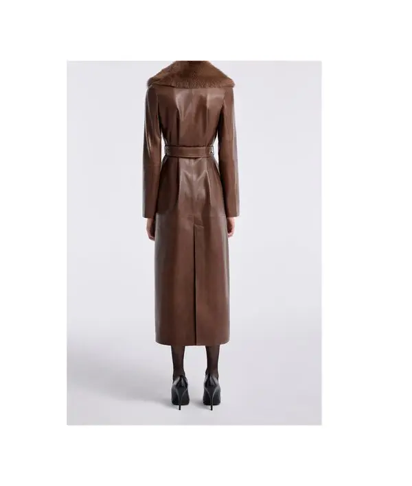 Nour Hammour Long Sleeved Leather Coat With Detachable Fur Trim - Green
